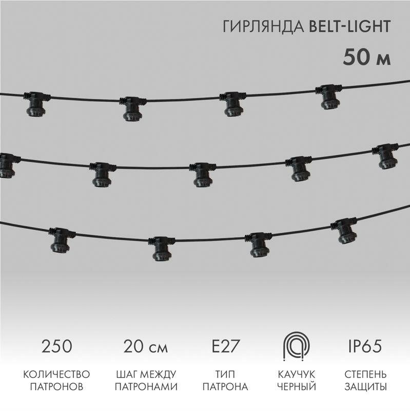 Гирлянда "Белт Лайт" 2жил. шаг 20см патроны E27 1320Вт IP65 влагостойкая провод черн. (уп.50м) Neon-Night 331-211