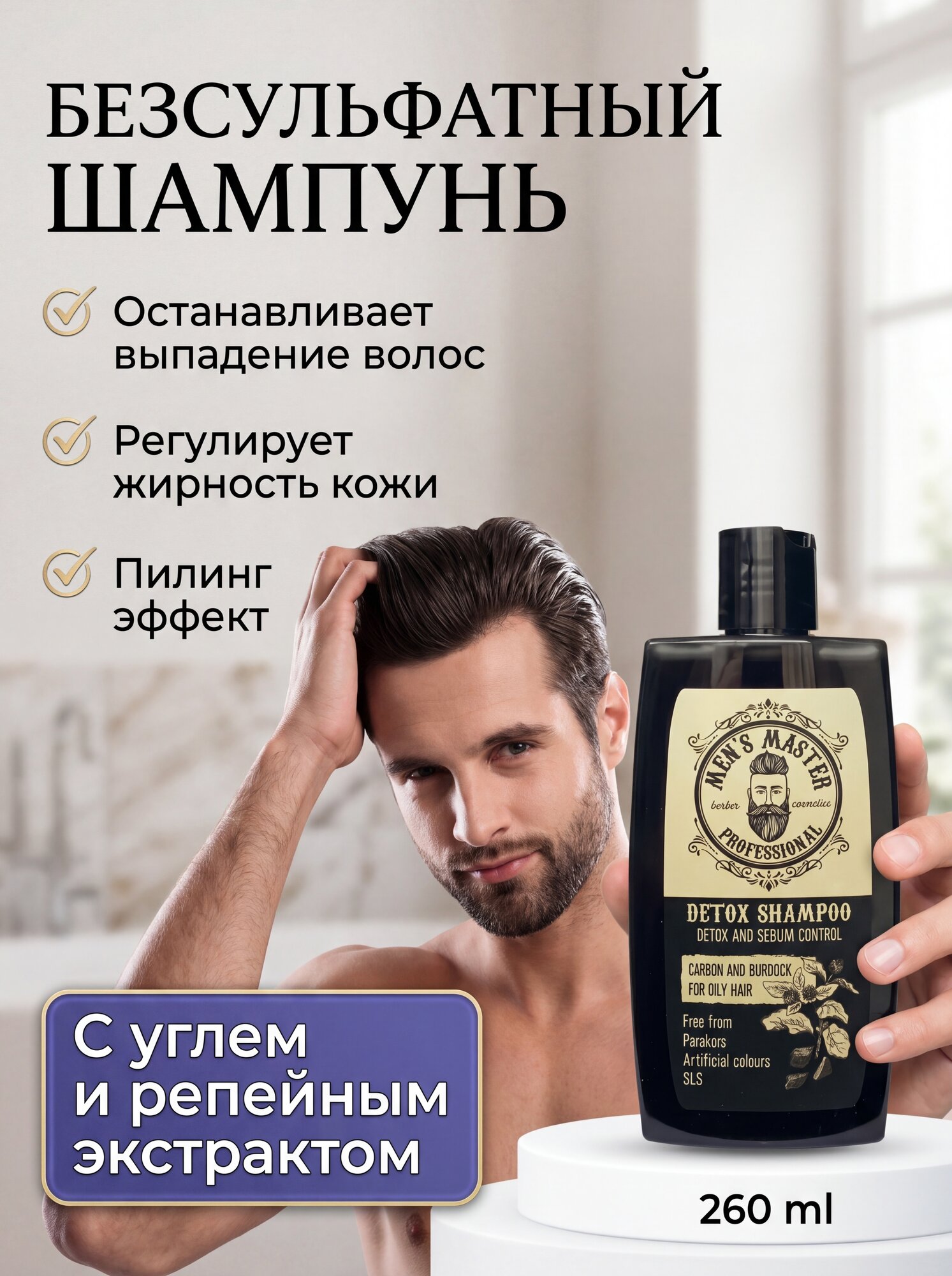 MEN’S MASTER / Очищающий шампунь для мужчин против перхоти I Детокс I Для жирных волос у корней, с углем и экстрактом лопуха для глубокого очищения, 260 мл