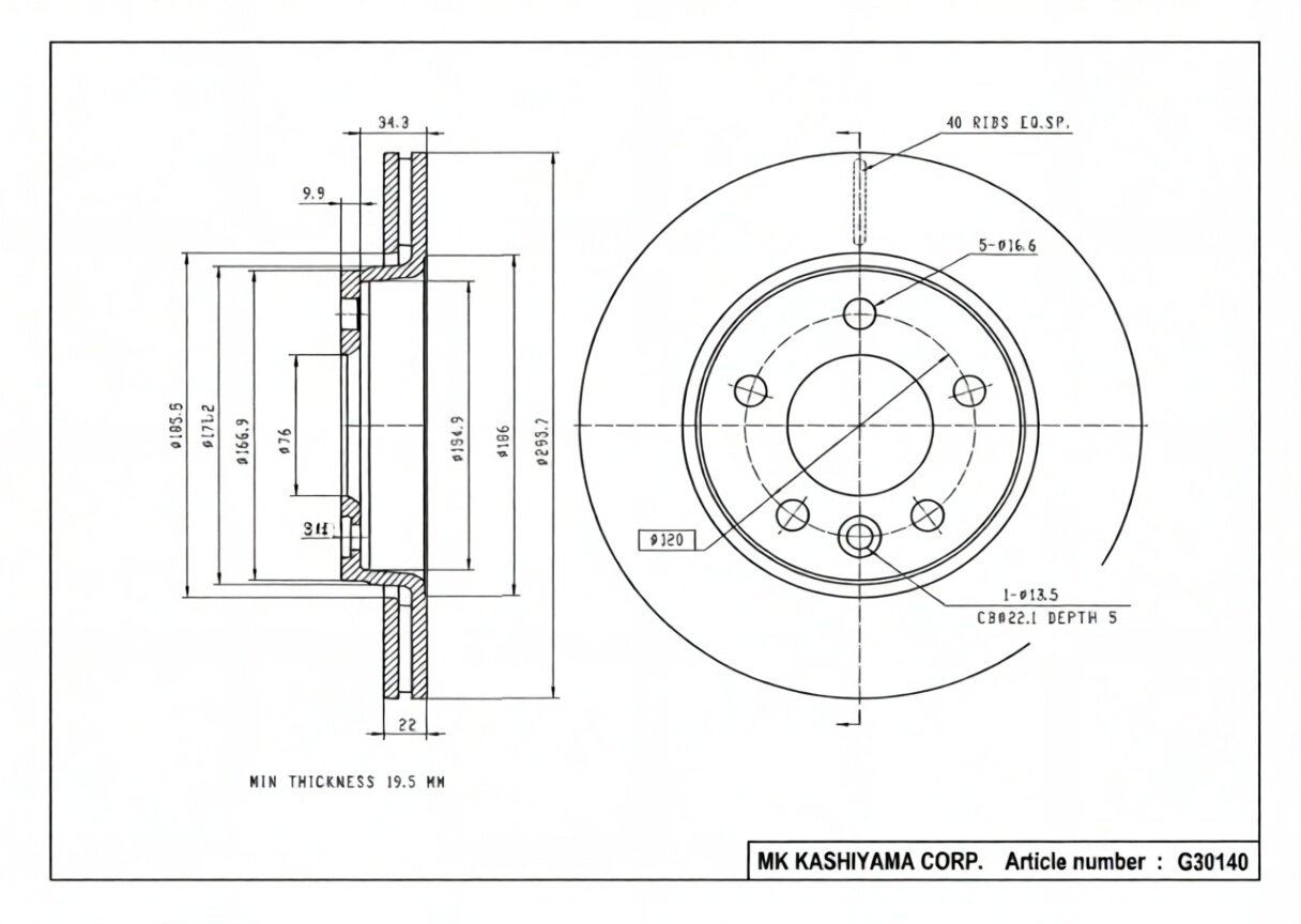Диск тормозной задний VW MULTIVAN V/TRANSPORTER V 03- G30140 MK KASHIYAMA арт. G30140