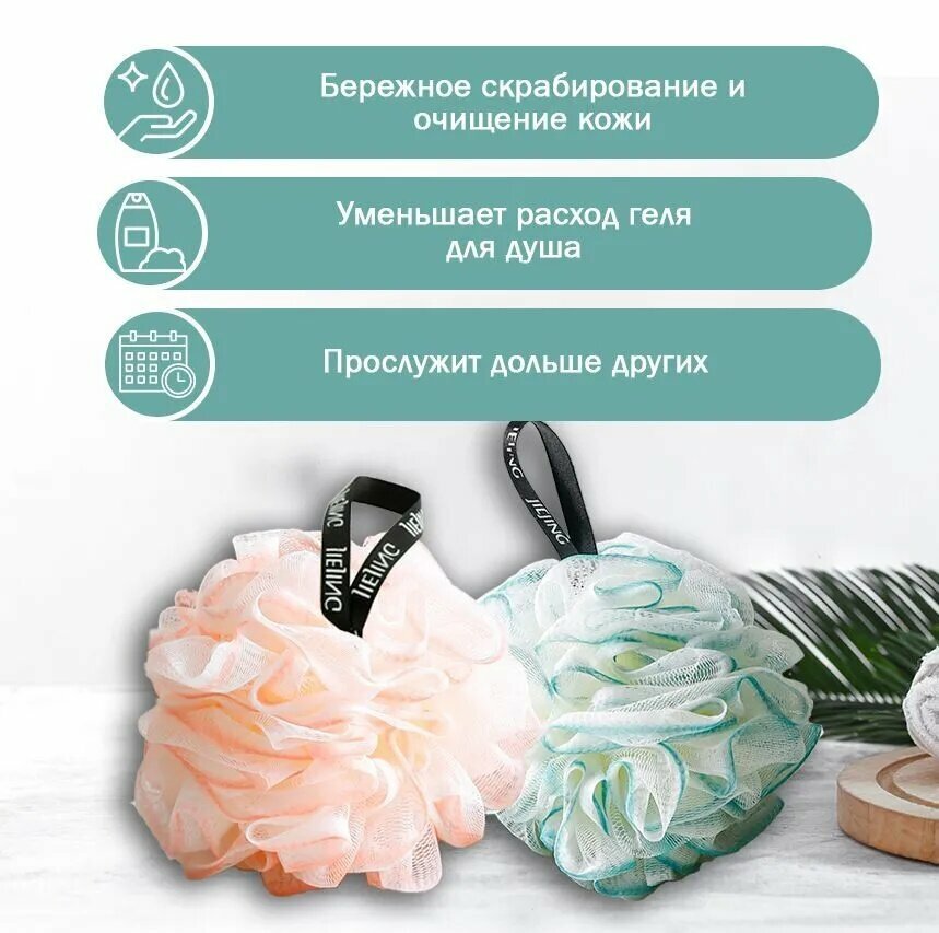 Набор мочалок для тела, душа, ванной, 2 шт. розовая и бирюзовая с окантовкой массажная для женщин мужчин детей всей семьи