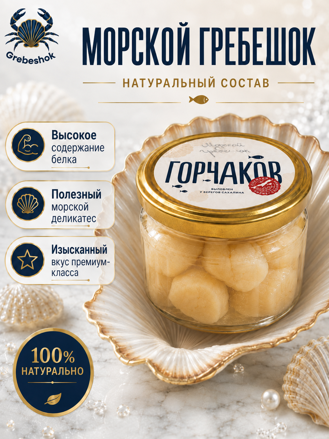 Морской гребешок натуральный в заливке 250 г , в собственном соку