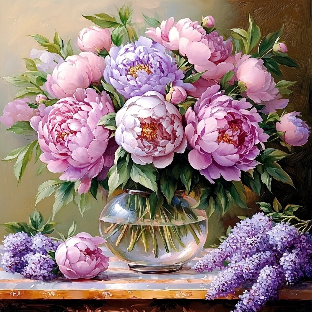 Алмазная вышивка Huacan 5D Ваза с цветами Сиреневый, Full Round 40x40cm