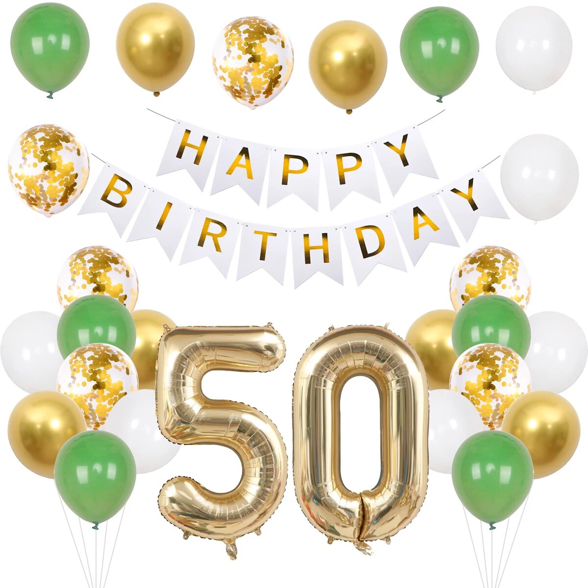 Зелёно-золотые фольгированные шары для юбилея Number 50