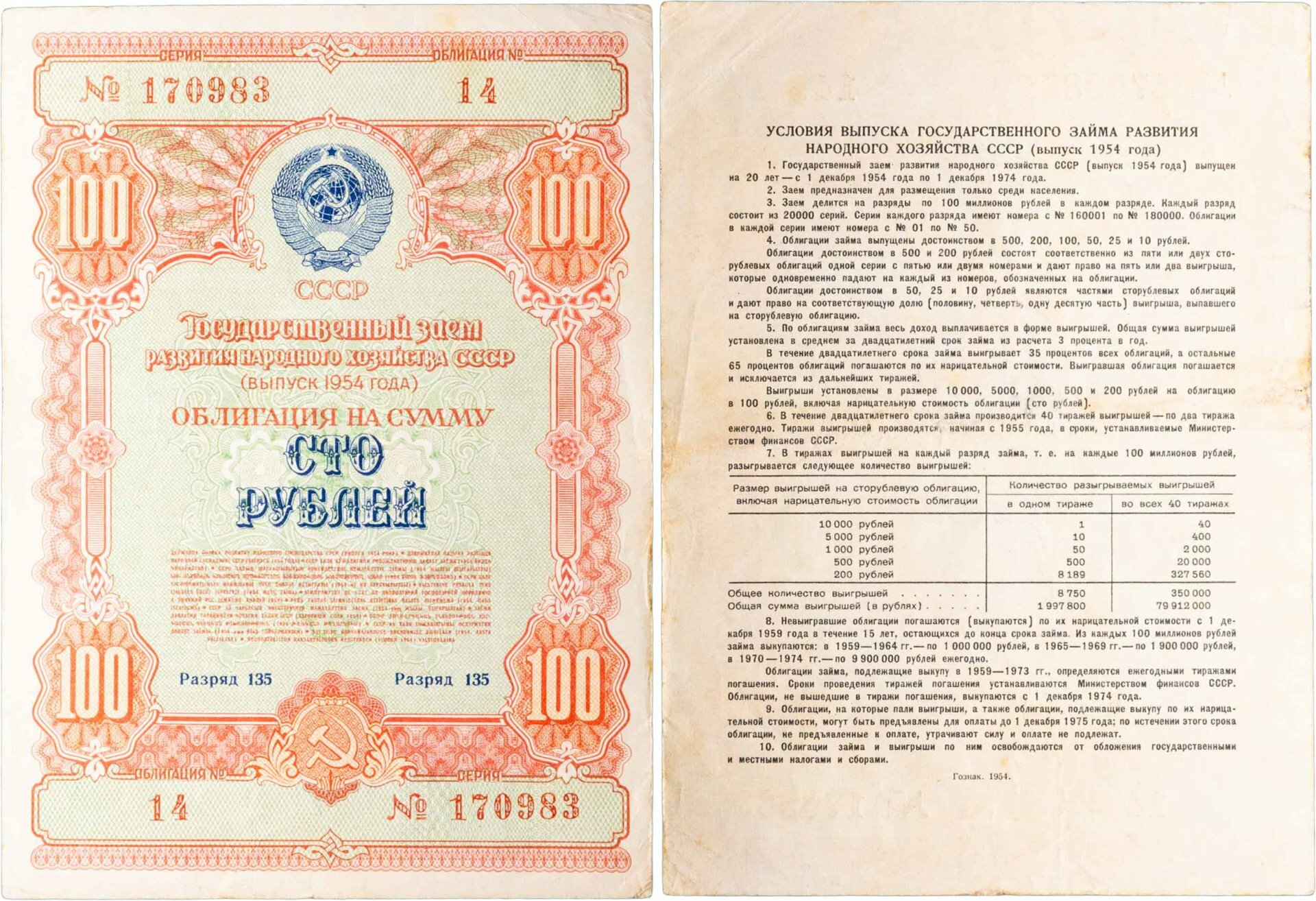 Облигация 100 рублей 1954 Государственный заем развития народного хозяйства СССР