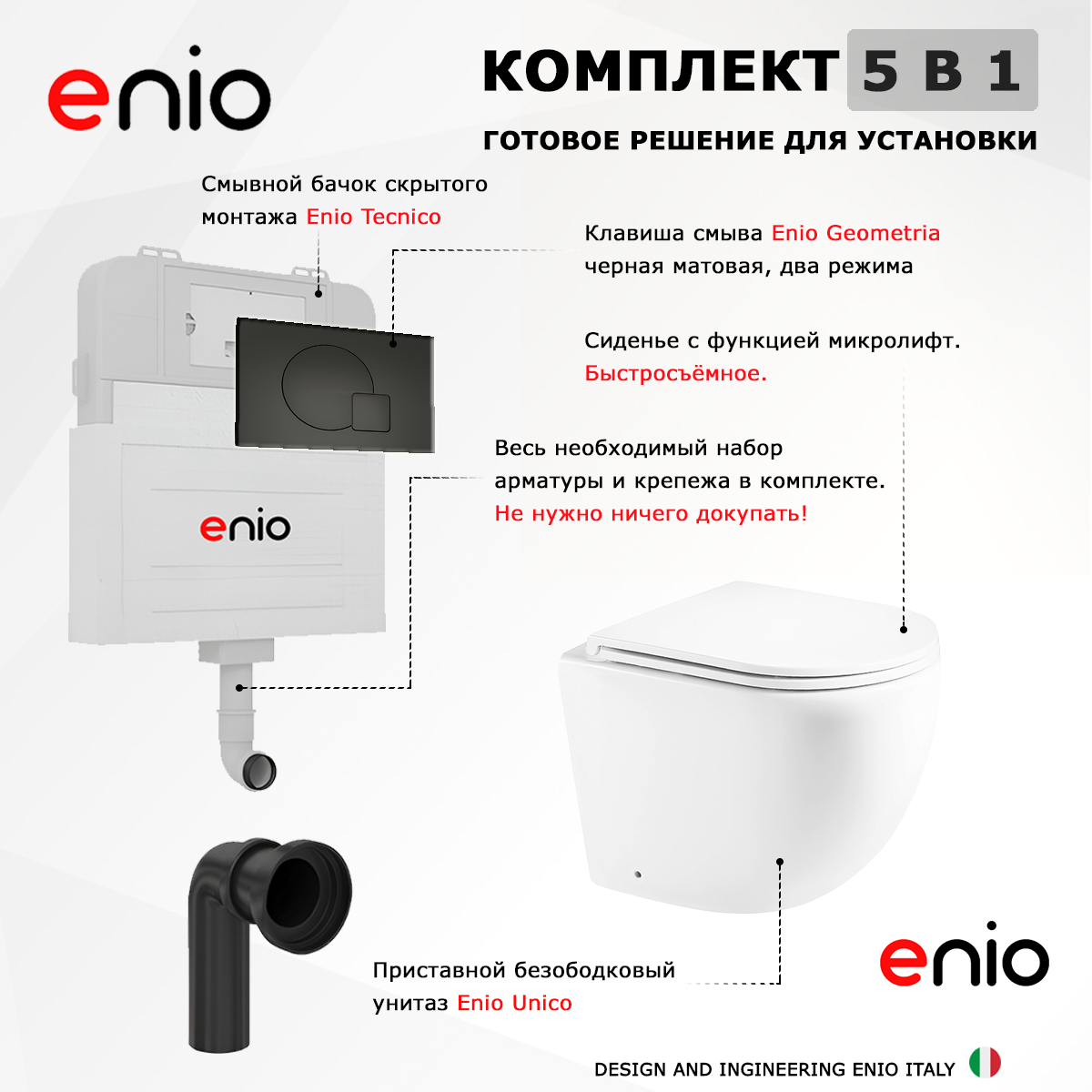 Комплект 3 в 1 смывной бачок скрытого монтажа Enio Tecnico + Унитаз приставной Enio Unico с кнопкой черной Geometria EN8050817 + EN5104885 + EN8050815