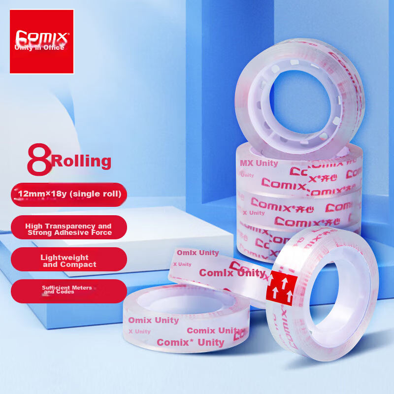 Comix High Transparency Small Tape 8 Rolls, 12mm Wide * 16 Meters Long/roll, Easy Tear High Adhesion, Office Tool, Student Stationery, JF1218-8