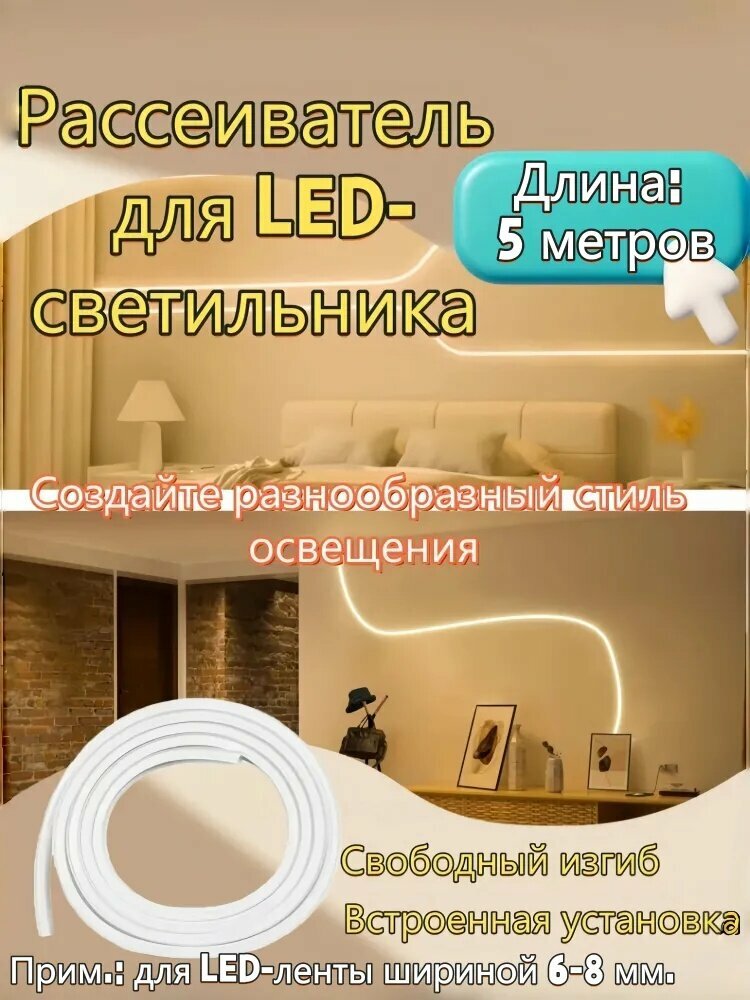Рассеиватель для светодиодной ленты: встраиваемый канал для равномерного света, 5 м