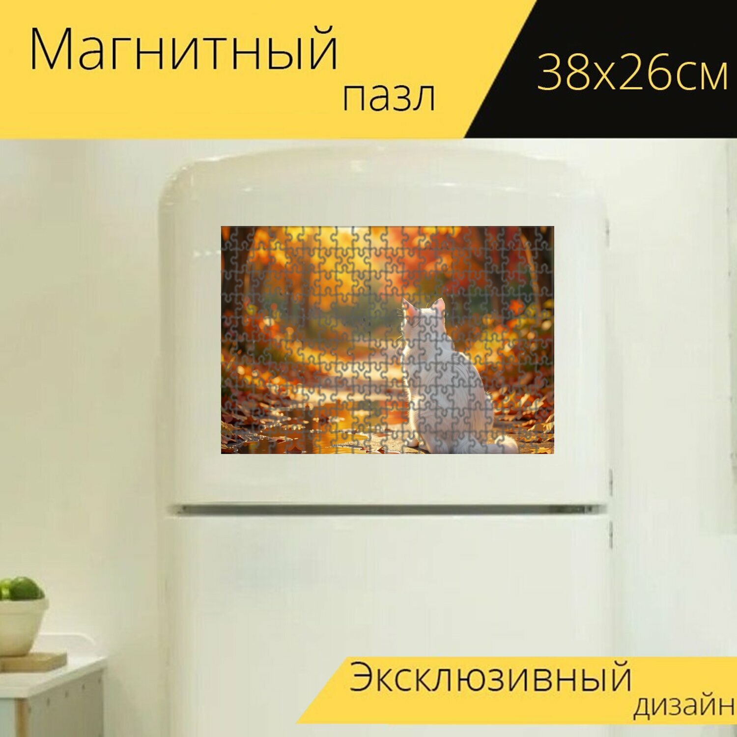 Магнитный пазл "Белый кот в осеннем лесу. Пушистый светлый питомец сидит на лесной тропинке среди золотой листвы, мягкие солнечные блики, теплые оранжевые." для интерьера, 38х26 см.
