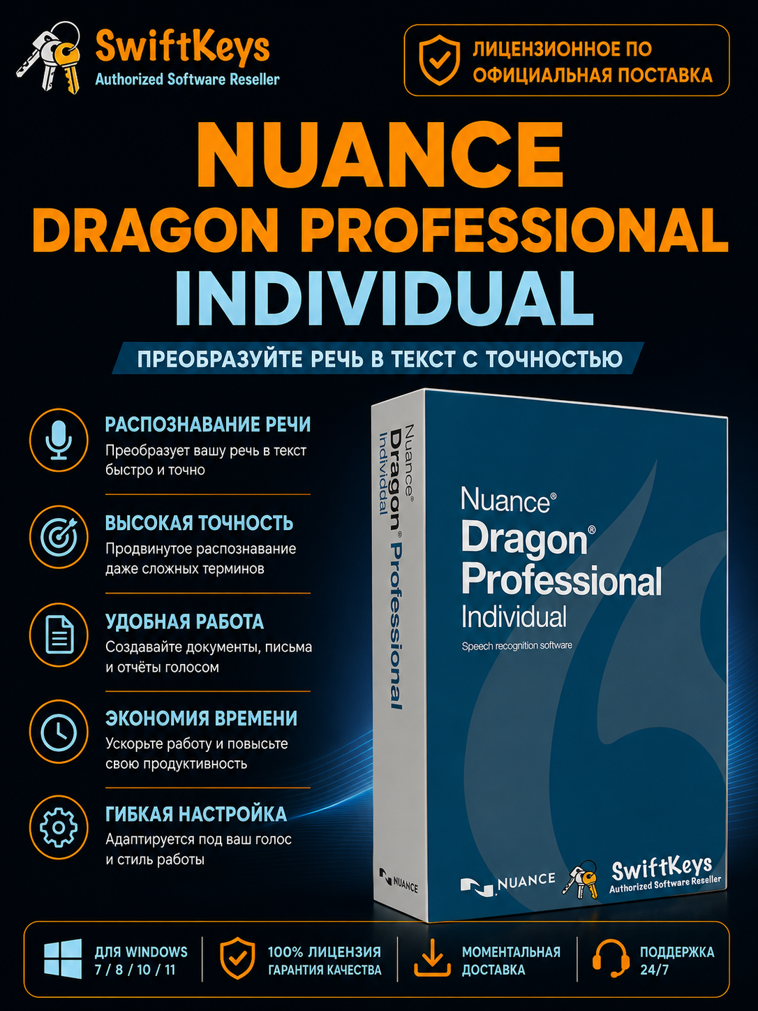 Преобразование речи в текст Nuance Dragon Professional Individual v14 программа - Ключ активации - Набор на Английском
