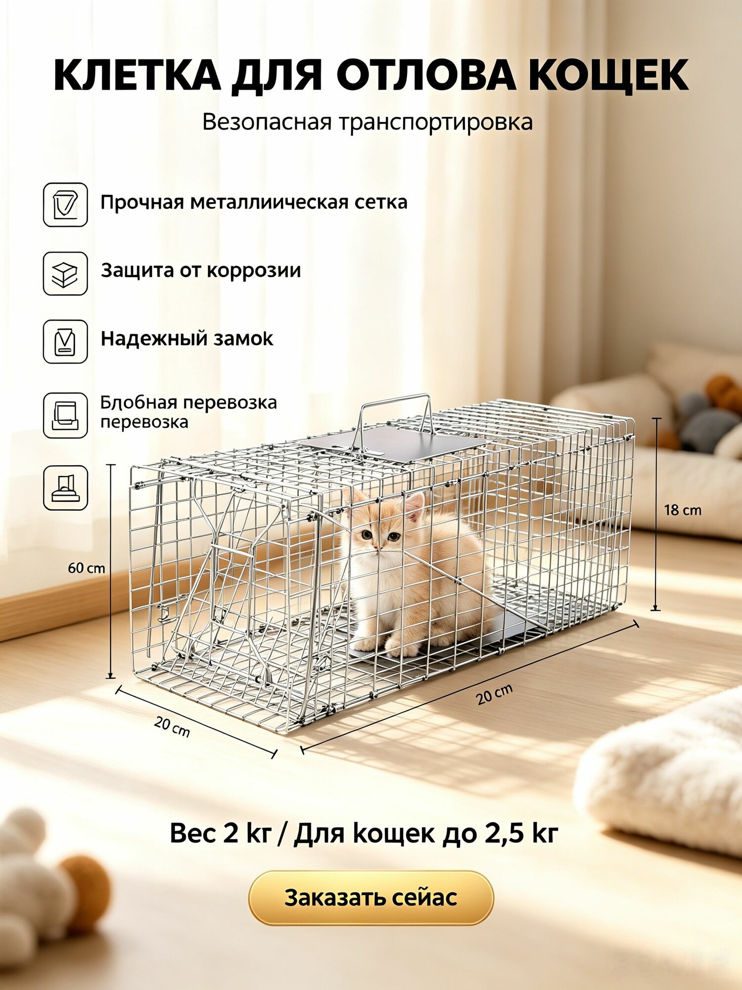 Кошколовка складная, Клетка - ловушка, Размер600x210x180 складная ловушка для кошек