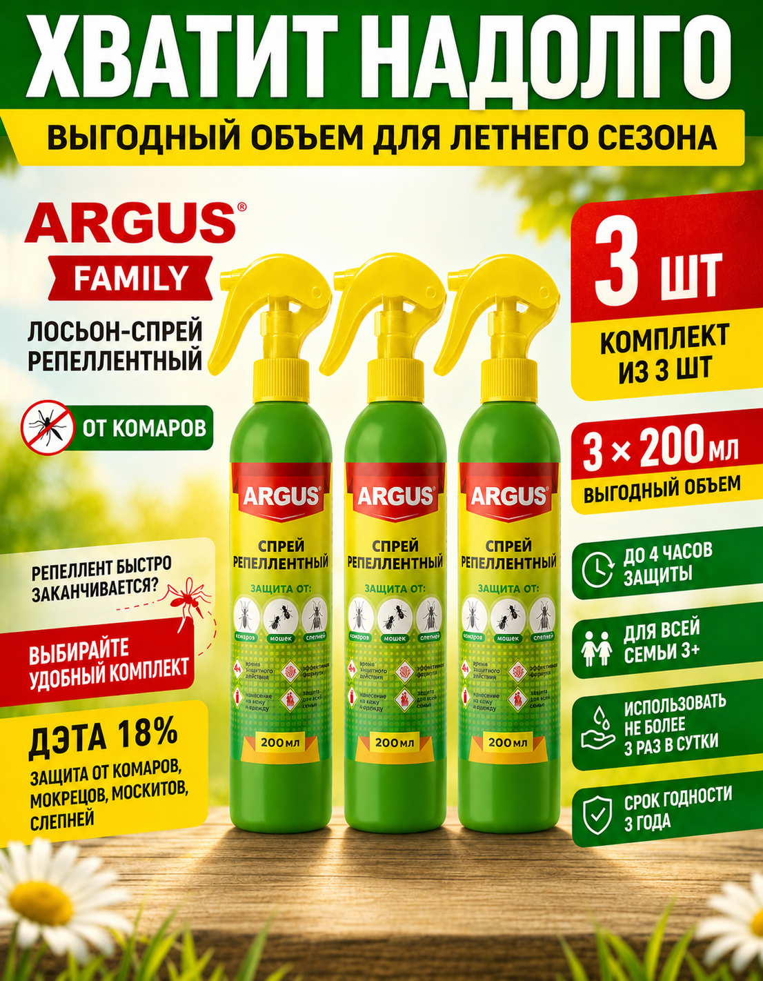 Спрей от комаров ARGUS лосьон-спрей 200 мл, набор 3 шт