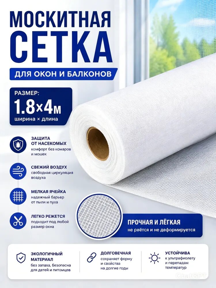 Москитные сетки для противомоскитных окон 1.8мх4м, москитные сетки от комаров и мух белые