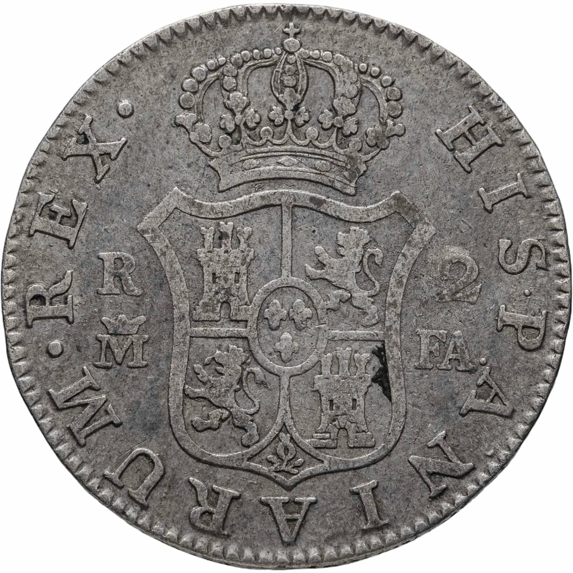 Испания 2 реала 1800 Король Карл IV, знак монетного двора "M" и "FA" - Мадрид, Серебро 812, в сохранности VF