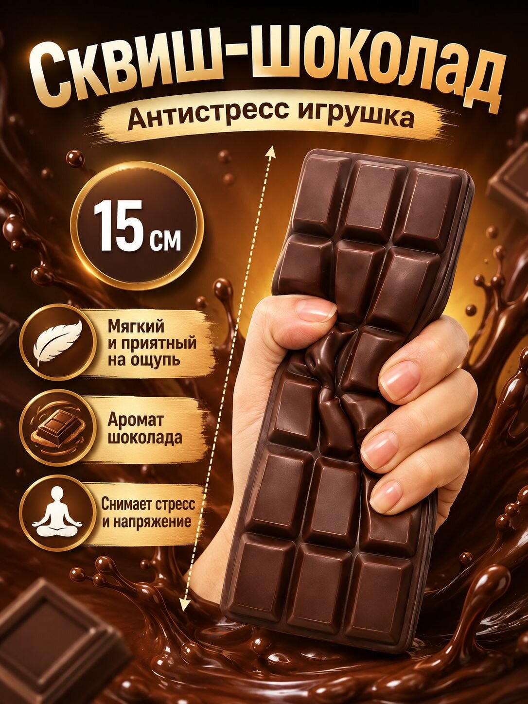 Сквиш антистресс Шоколад (Chocolate) 15 см, жмякалка для рук, игрушка для детей и взрослых, с ароматом шоколада, коричневый