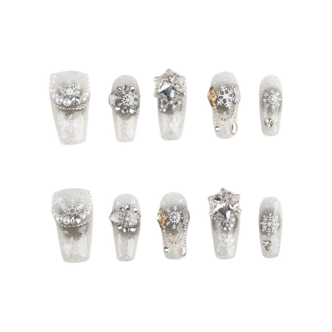 Fanze Handcrafted False Nail Новый год Снежинка Rhinestone Украшенный Глянцевый Черный Градиент Фея Nail Art 25 мм S【适合80%御女手】15-11-12-11-8