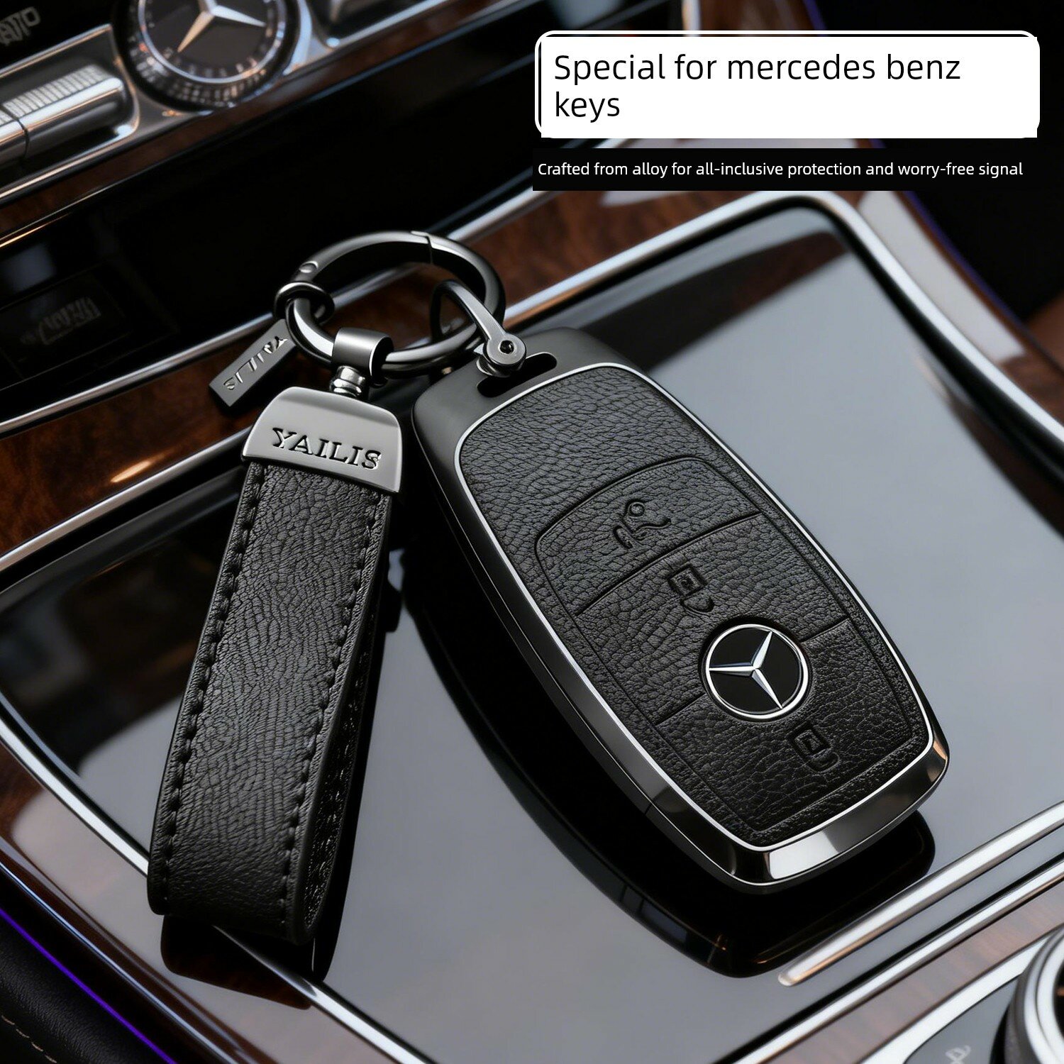 Чехол для ключа Mercedes GLC300L из черного замшевого кожаного покрытия с металлической оболочкой и браслетом для