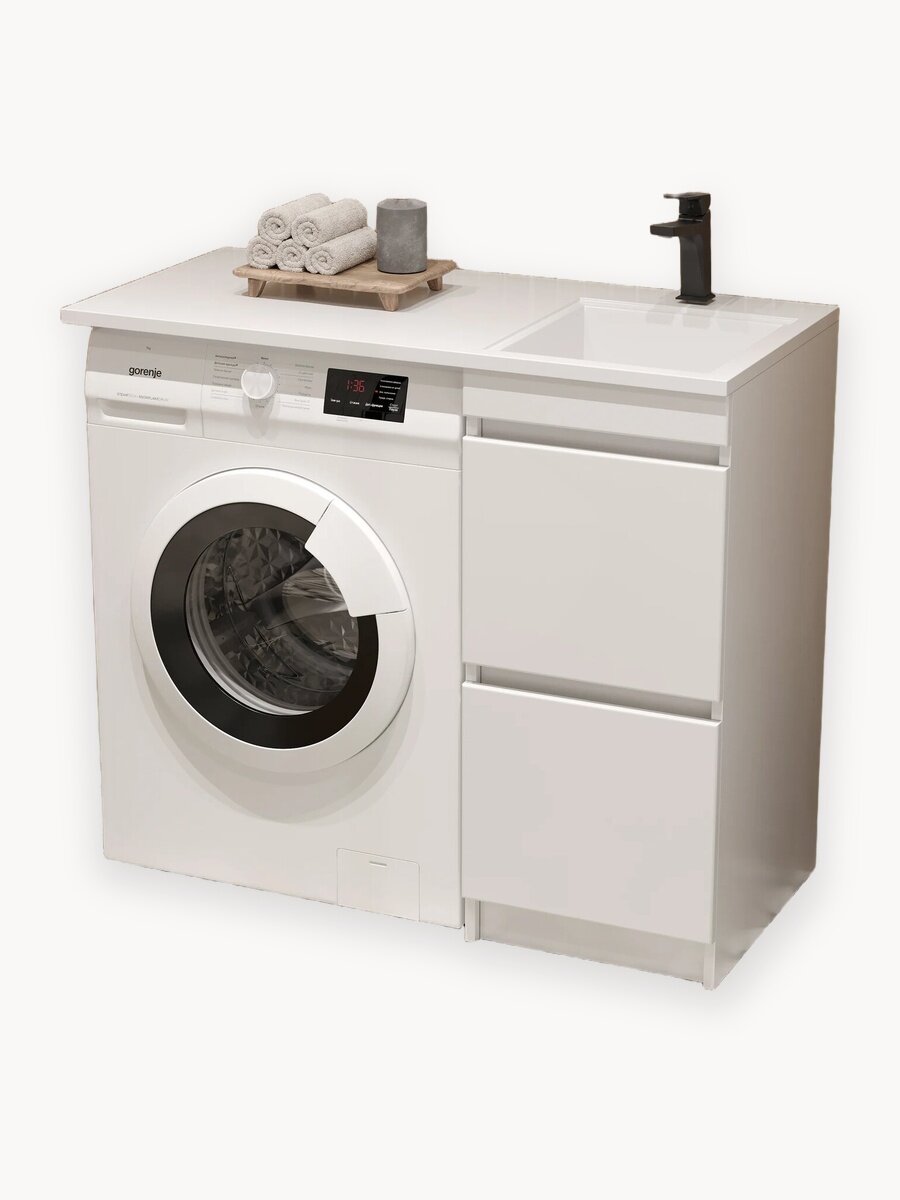 Тумба с раковиной DIWO Тольятти 120 R под стиральную машину, напольная, 120, 2 см, белая, глянцевая, из МДФ, с ящиками, раковина для ванной, из искусственного камня, прямоугольная