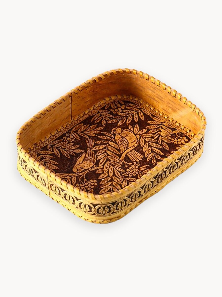 Сухарница прямоугольная «Птички», 24.5×17.5×4.5 см, береста