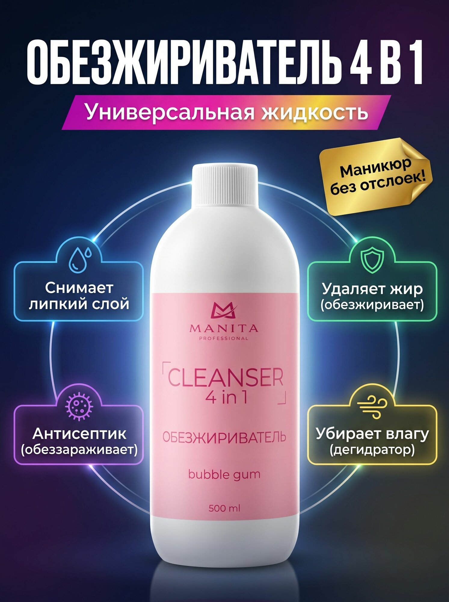 Обезжириватель для ногтей 4 в 1 / Жидкость для снятия липкого слоя, клинсер и дегидратор для маникюра, 500 мл