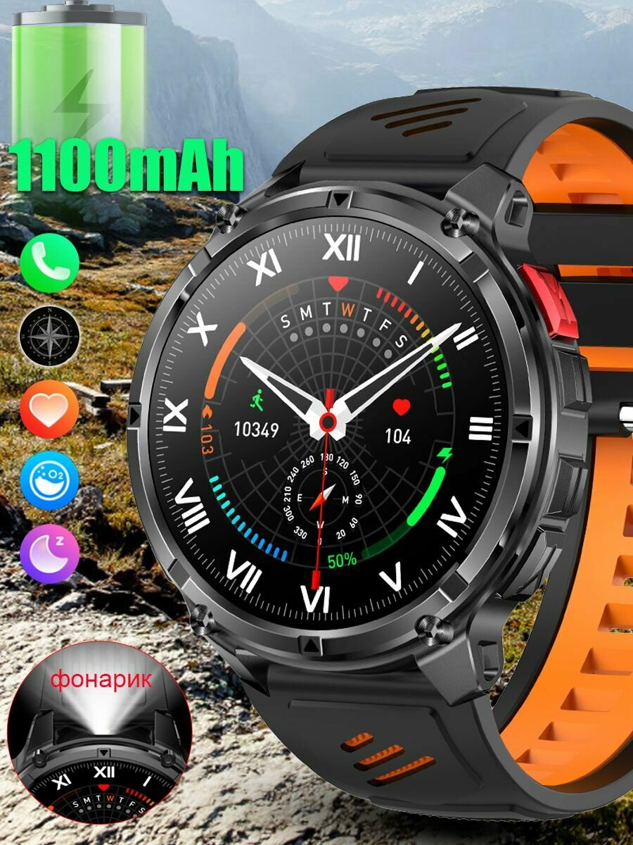 Tактические Смарт часы мужские с 1.7'большим amoled экраном, С фонариком лазерный свет, компас, фитнес трекер, bluetooth звонки