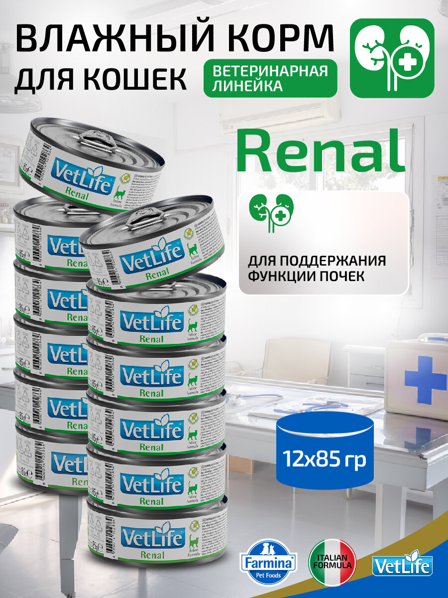 Диетический влажный корм для кошек Farmina Vet Life Cat Renal с курицей при болезни почек и почечной недостаточности, 12 шт по 85 гр