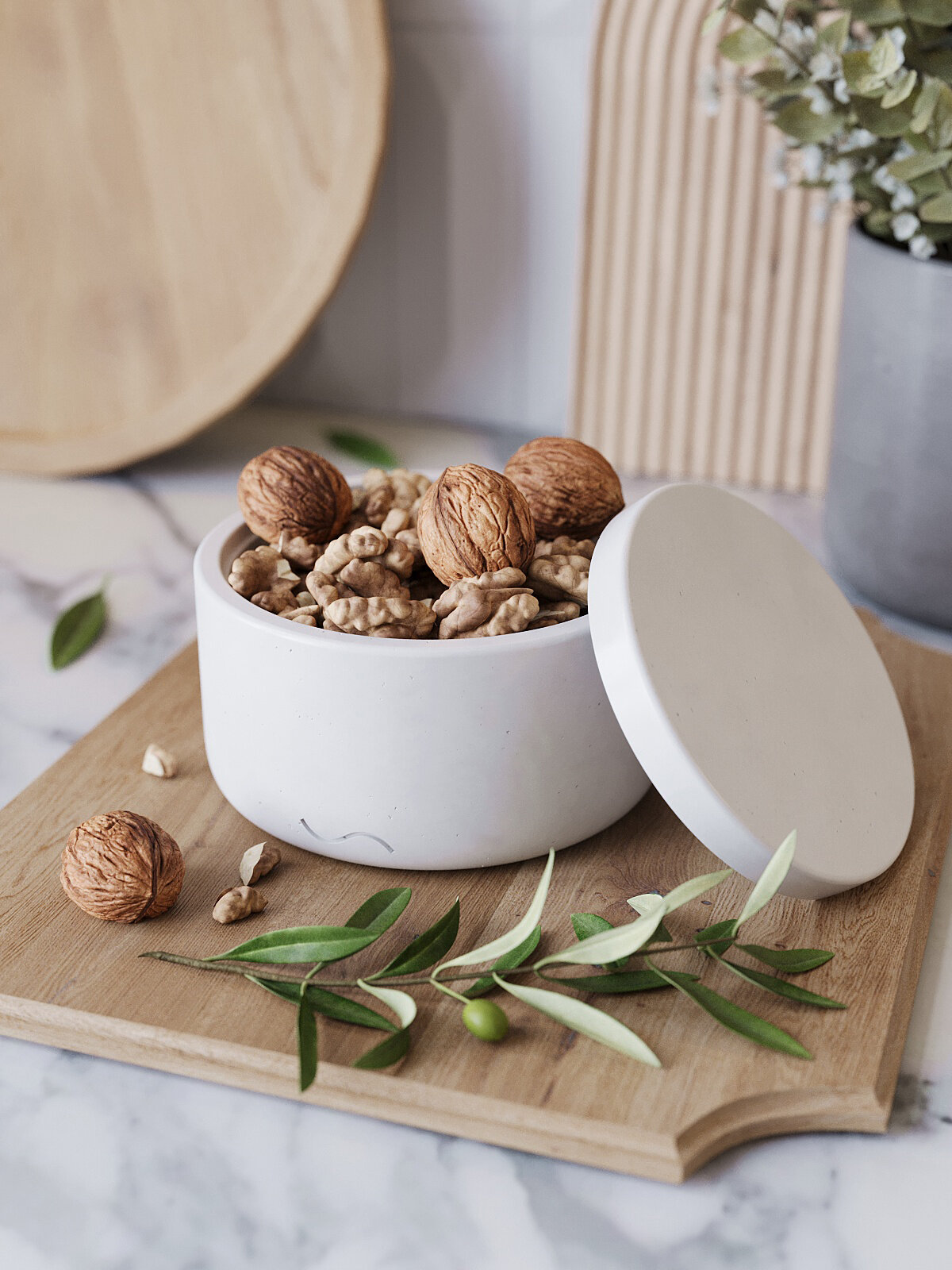 Банка, ёмкость для хранений сыпучих продуктов и специй Astrid M (GL), с бетонной крышкой, бетон, белая глянцевая