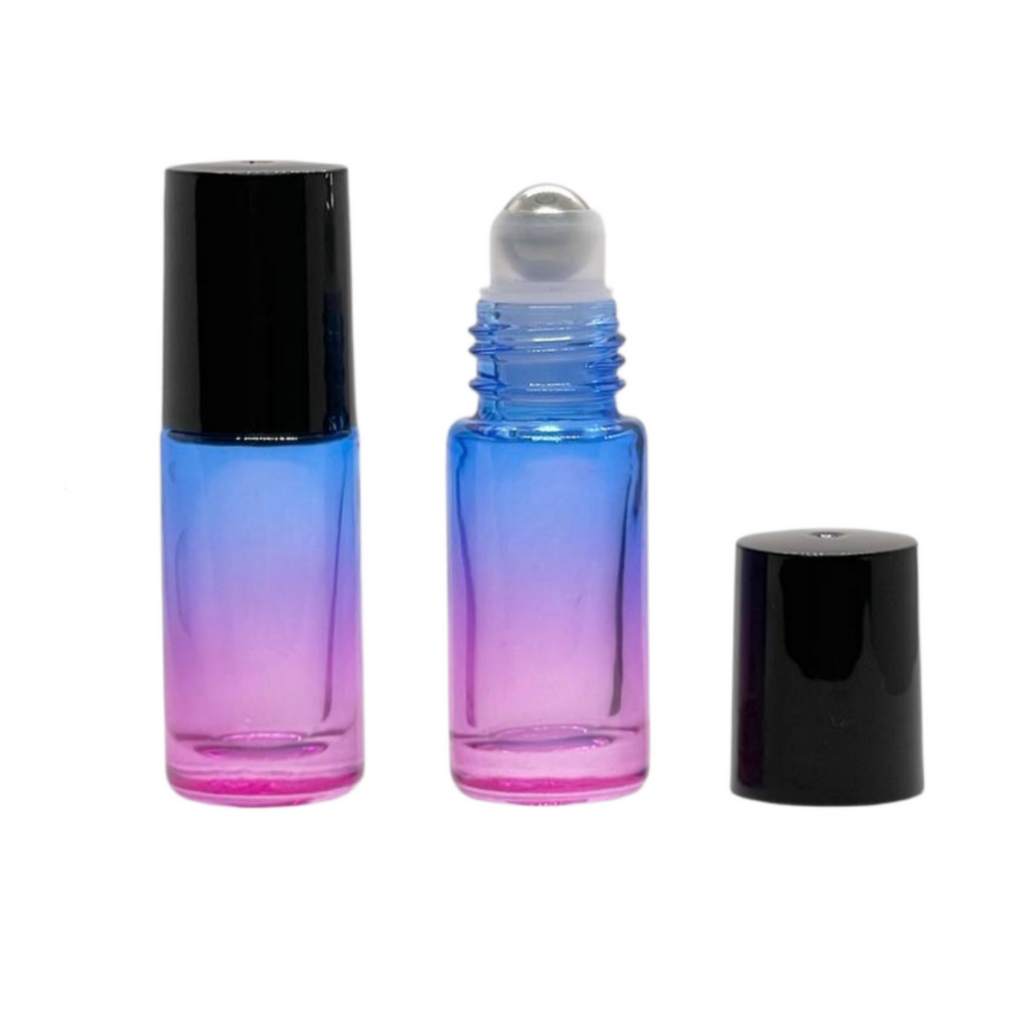 Набор роллеров для эфирных масел, флакон 5 мл, 5 штук, стекло градиент № 4, черная крышка, ролик в белой оправе