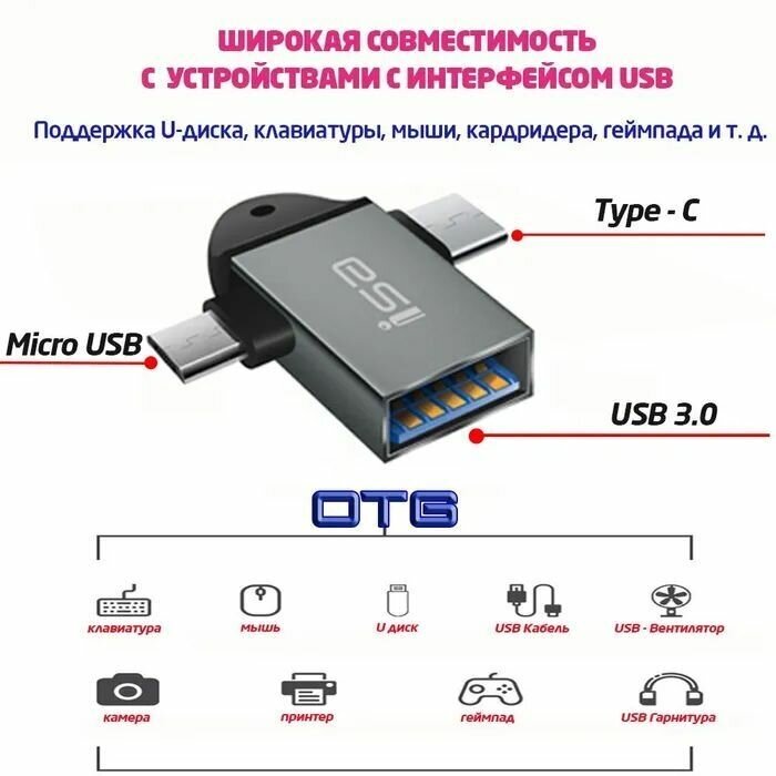 OTG переходник USB 2.0 (мама вход) на Micro USB и Туре-С (папа выход) G-18.