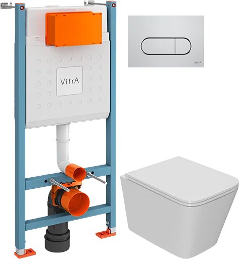 Комплект 2 в 1 Унитаз подвесной Bauedge Bau Stil Hurricane-2 безободковый, с микролифтом, белый / Инсталляция с кнопкой VitrA V-Fix Core 732-5800-01 цвет хром глянец