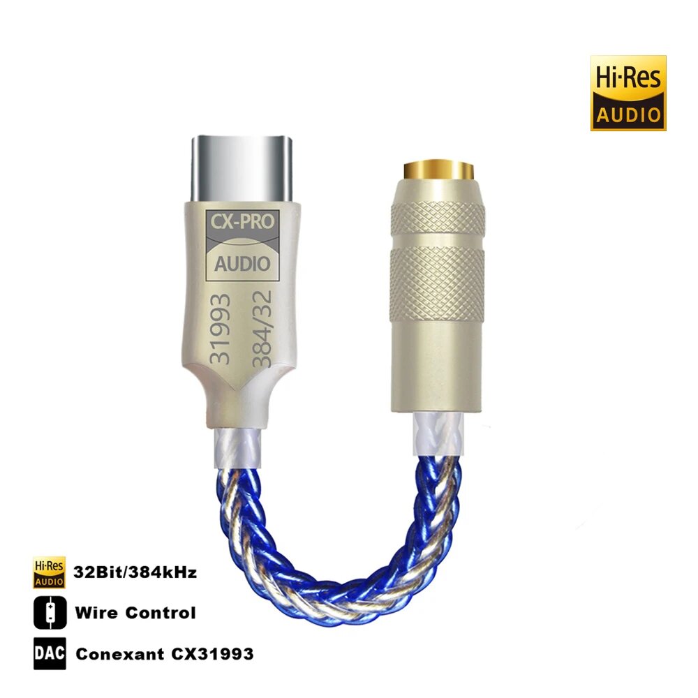 CX31993 Адаптер ЦАП USB C к разъему 3,5 мм HiFi 32 бит 384 кГц USB Type-C для наушников Samsung Audio AUX конвертер для iPhone 15 iPad, blue