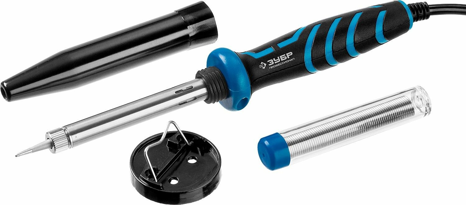 Электропаяльник ЗУБР 40 Вт, припой+подставка, 2к рукоятка, конус, керамический нагреватель 55402-40_z01