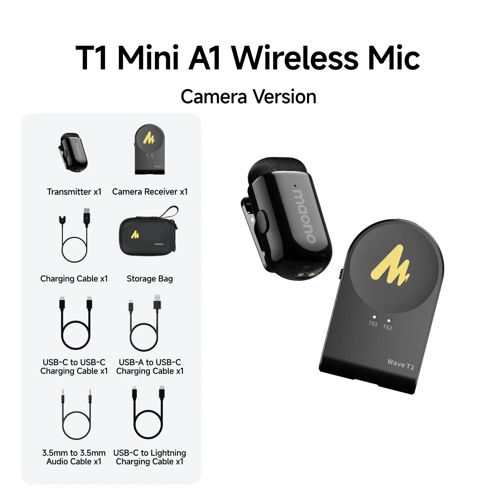 Беспроводной петличный микрофон MAONO Wave T1 mini для iPhone, Android, ПК с T1mini A1 Camera