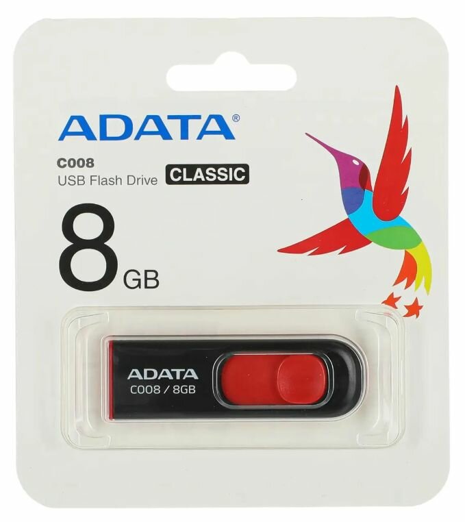 Память USB Flash 8 ГБ A-DATA Classic C008 (AC008-8G-RKD) - USB 2.0, USB Type-A, вид закрывания - Выдвижной, пластик