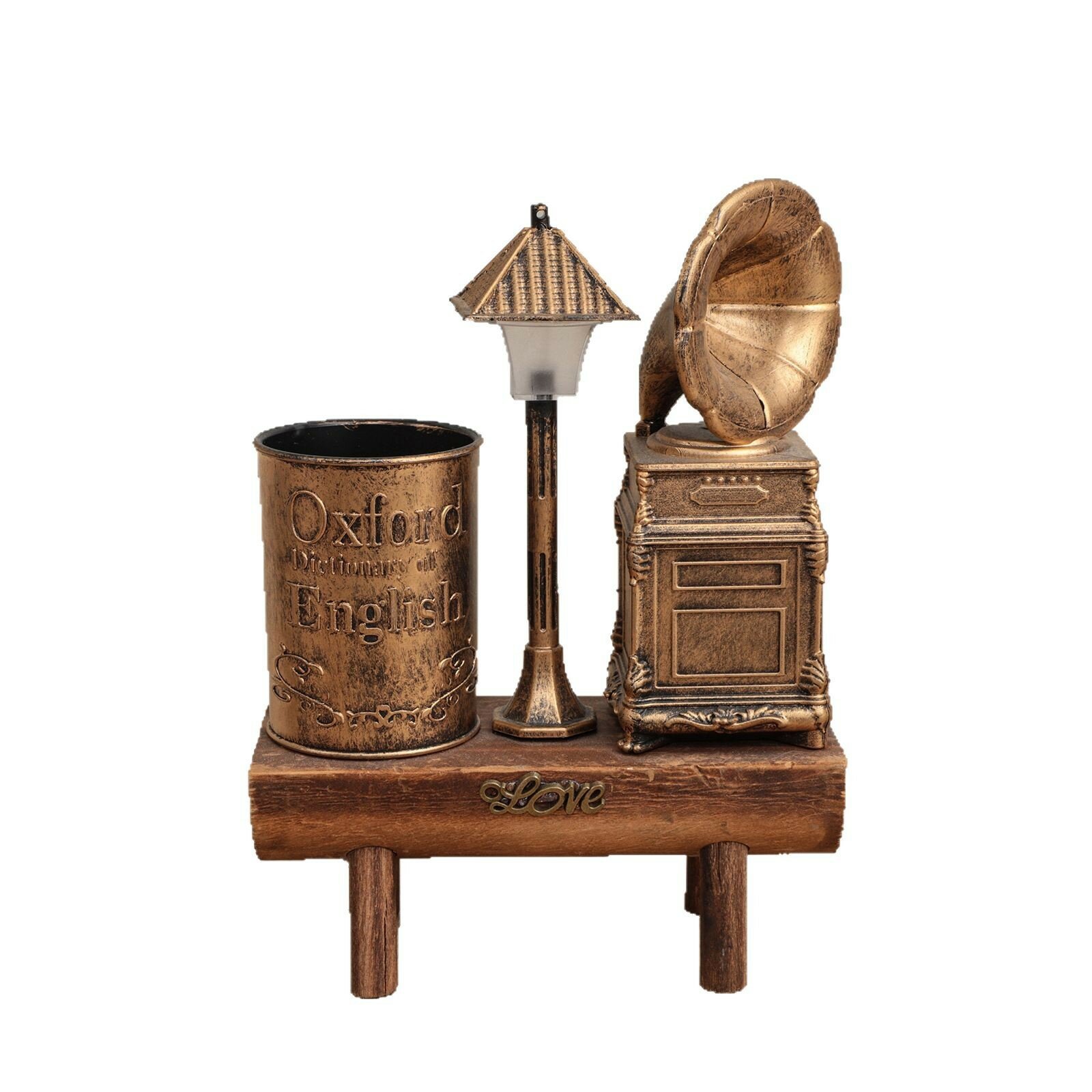 Винтажная подставка для ручек с ретро-граммофоном и мини-ночником, классическая деревянная подставка для ручек, настольный органайзер для украшения офисного стола и хранения принадлежностей в кабинете