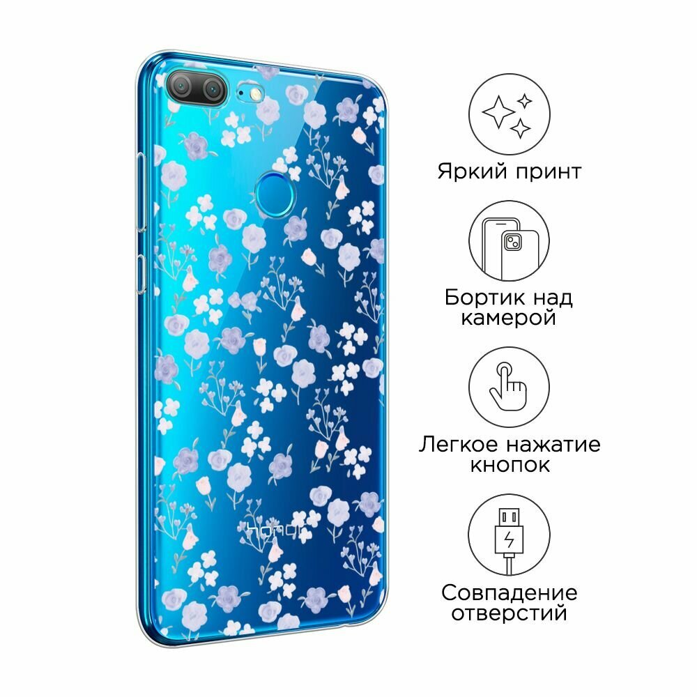 Чехол на Honor 9 Lite / Хонор 9 Лайт с принтом "Сиреневые розы паттерн", прозрачный — фото 1