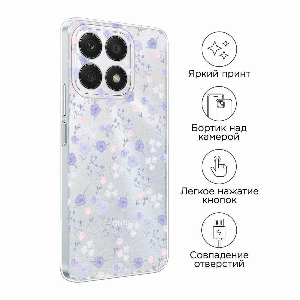 Чехол на Honor X8A / Хонор X8A с принтом "Сиреневые розы паттерн", прозрачный — фото 1