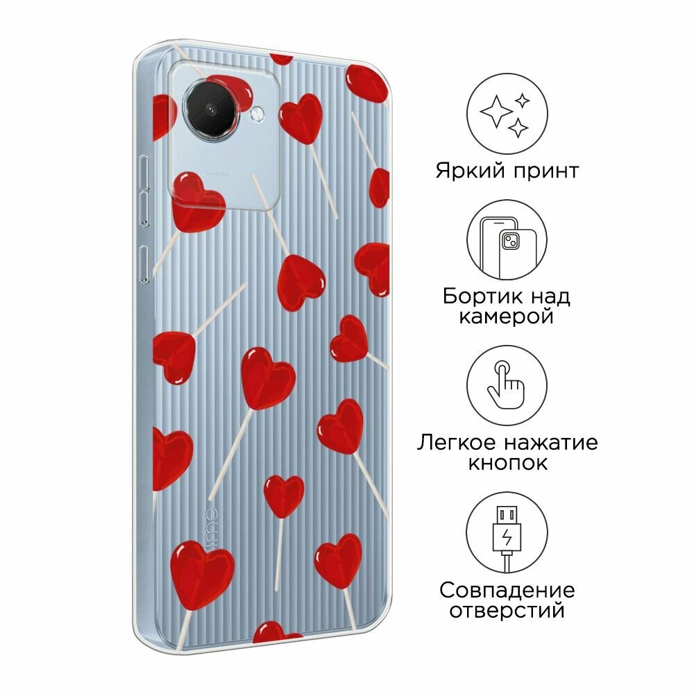 Чехол на Realme C30 / Реалми C30 с принтом "Сердечки-леденцы 2 - 14 февраля", прозрачный — фото 1