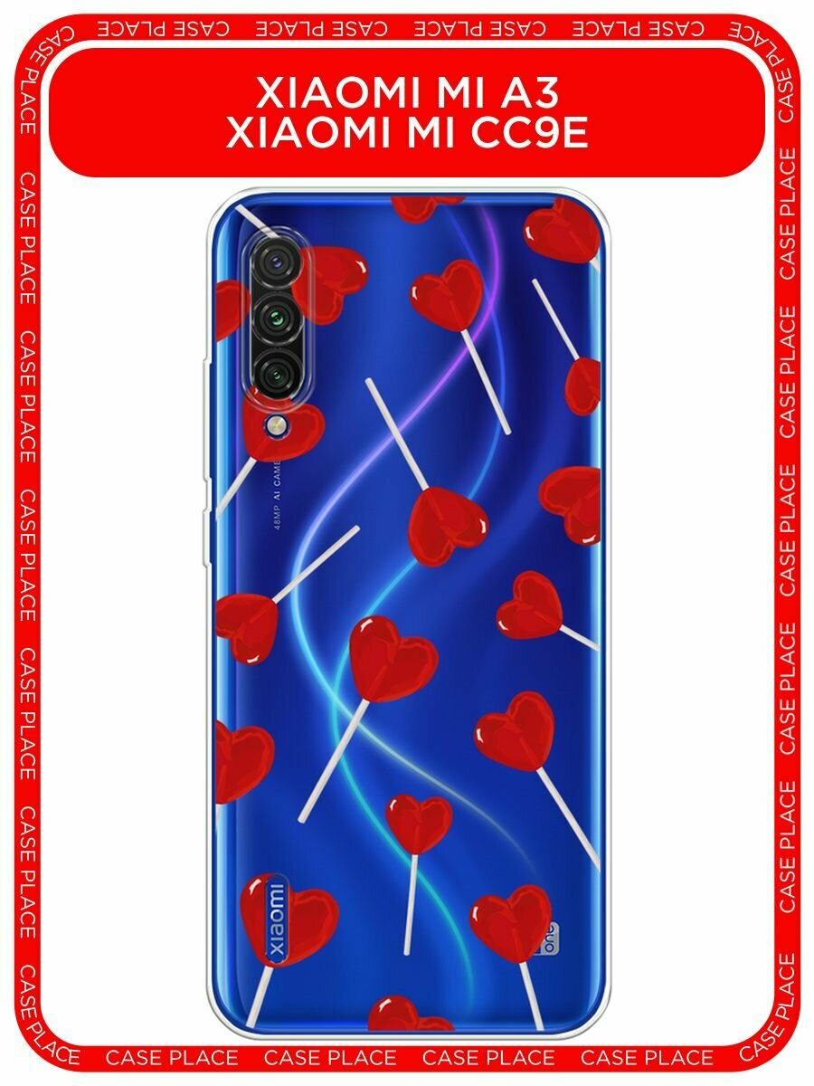 Чехол на Xiaomi Mi CC9E/Mi A3 / Сяоми Mi CC9E/Mi A3 с принтом "Сердечки-леденцы 2 - 14 февраля", прозрачный