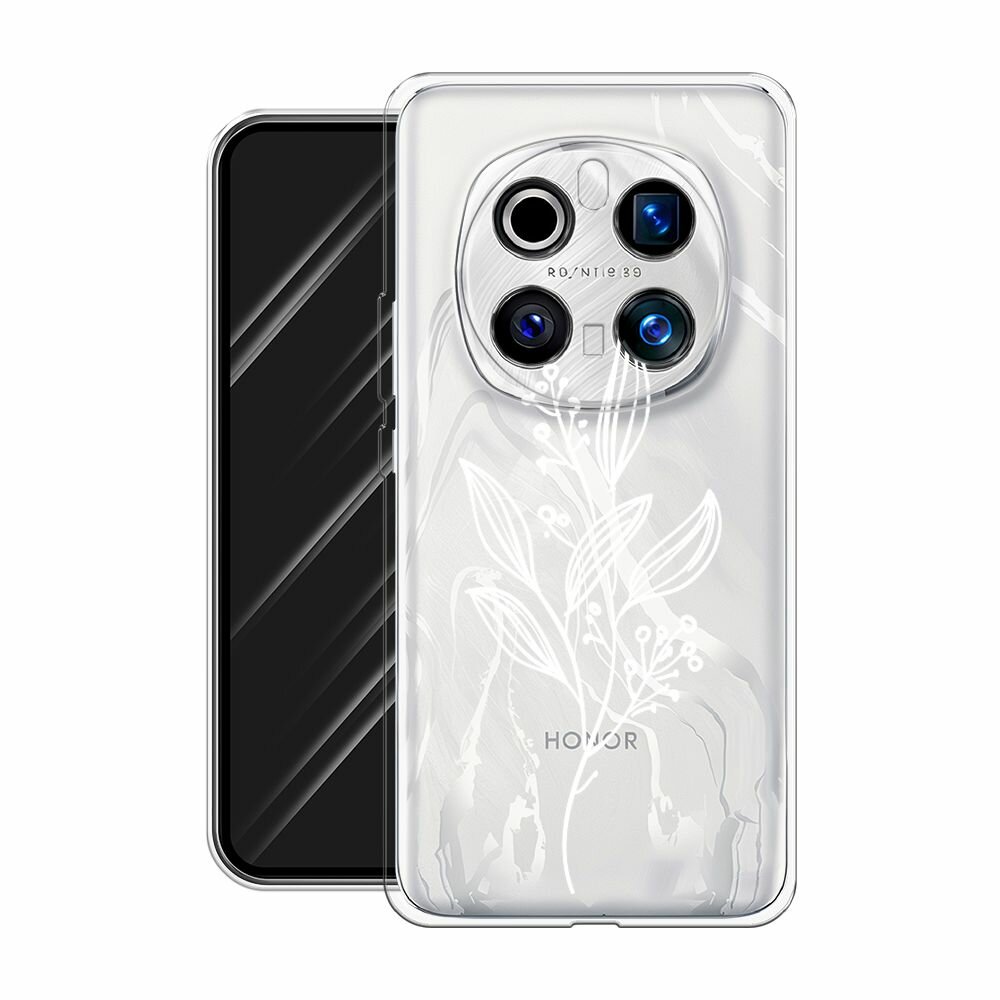 Чехол на Honor Magic 7 Pro / Хонор Мэджик 7 Про с принтом "Ветка с листочками и цветами", прозрачный — фото 1