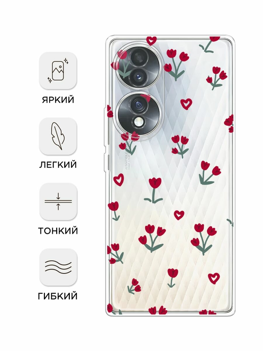 Чехол на Honor 70 / Хонор 70 с принтом "Красные тюльпанчики", прозрачный — фото 1