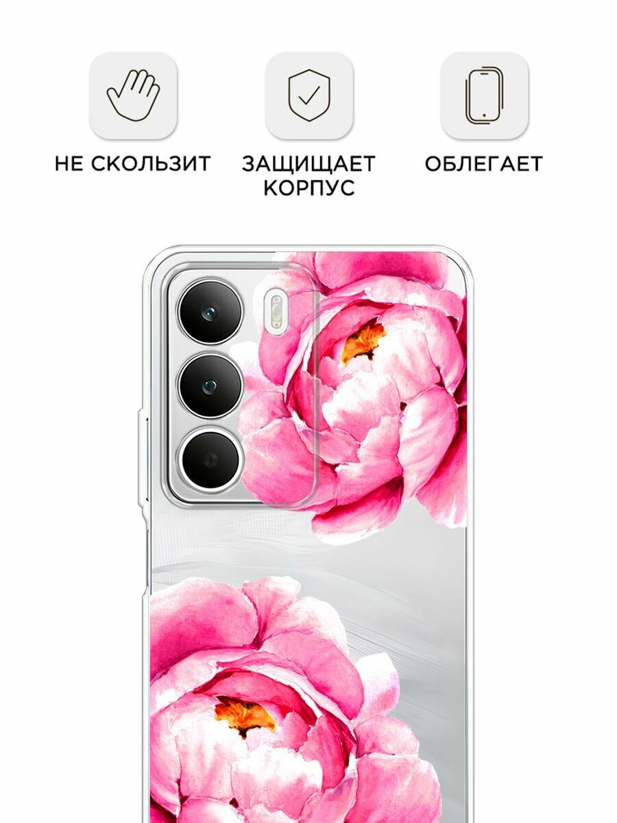 Чехол на Realme C71/P3 Lite 4G / Реалми С71/P3 Лайт 4G с принтом "Open peonies", прозрачный — фото 1