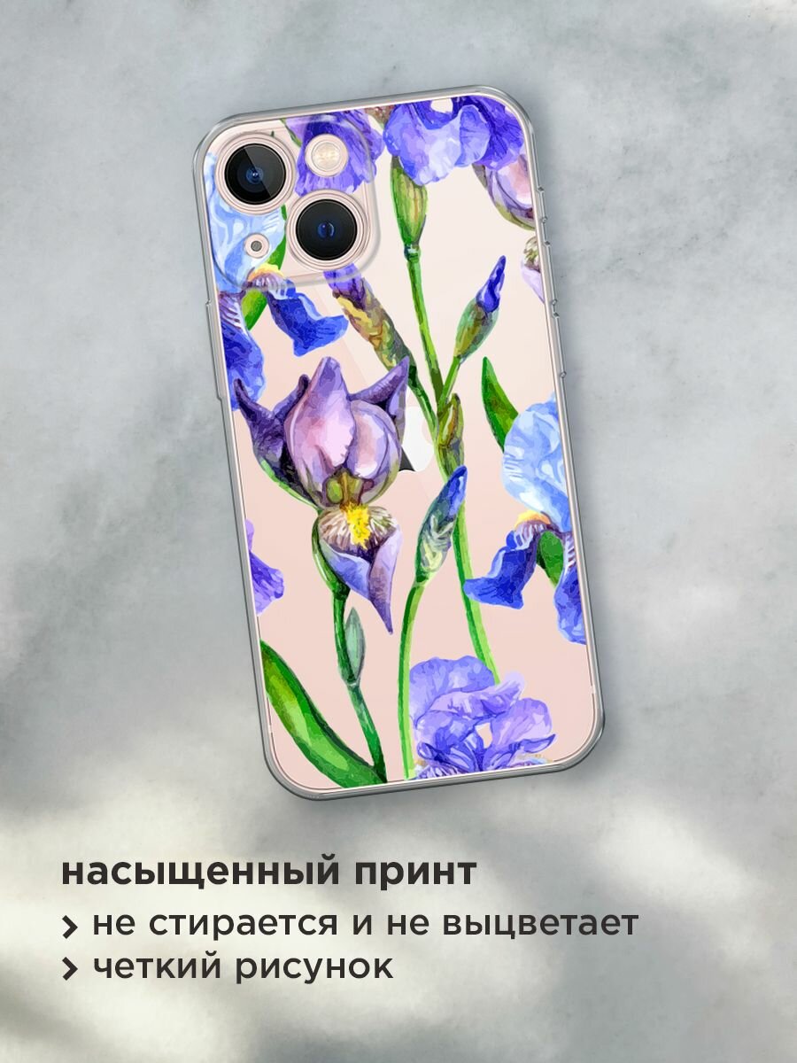Чехол на Apple iPhone 13 mini / Айфон 13 мини с принтом "Синие ирисы", прозрачный — фото 1