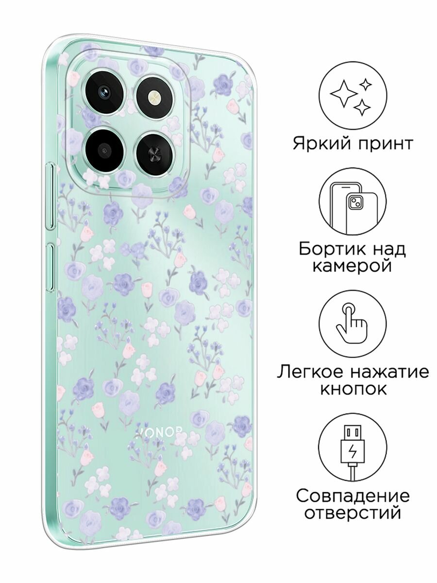 Чехол на Honor X6c / Хонор X6c с принтом "Сиреневые розы паттерн", прозрачный — фото 1