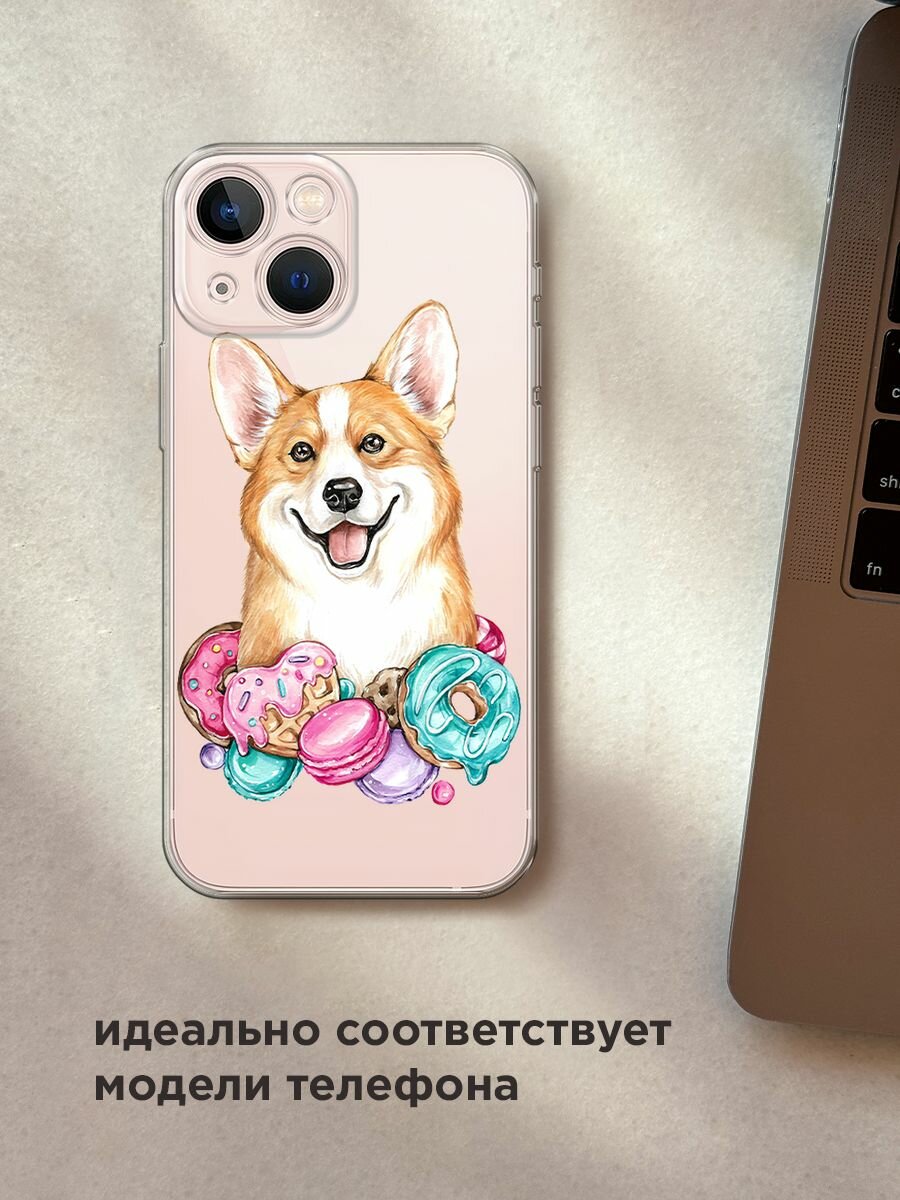 Чехол на Apple iPhone 13 mini / Айфон 13 мини с принтом "Корги и сладости", прозрачный — фото 1