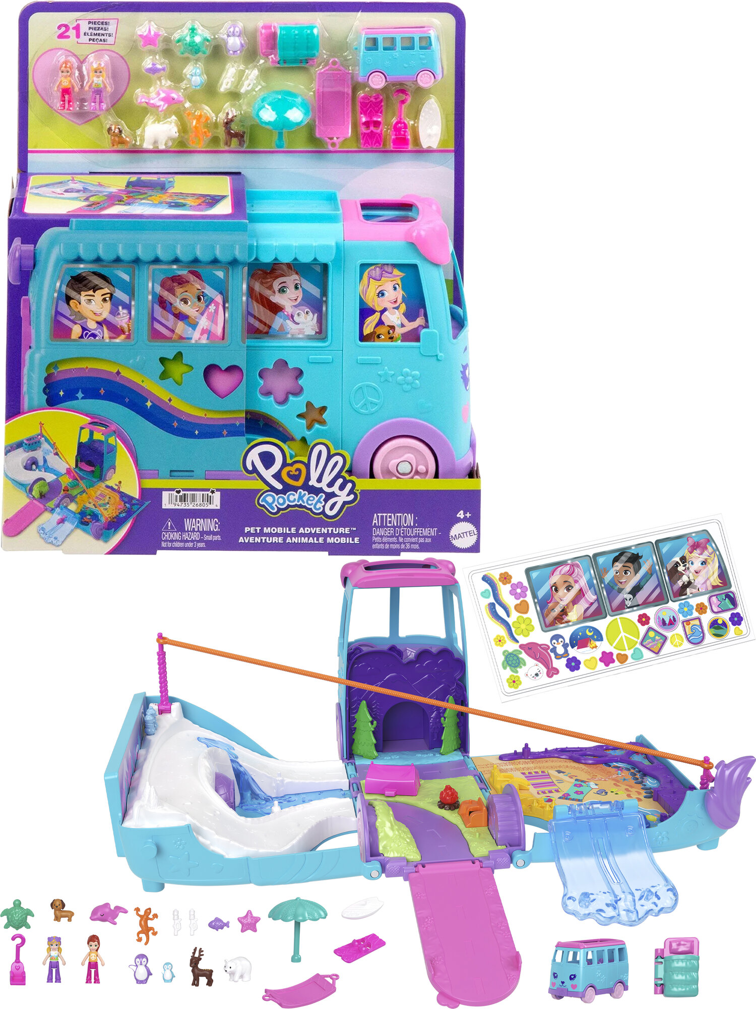 Мобильный игровой набор Polly Pocket Pet Adventure с микрокуклами и трансформирующимся кемпером, домашними животными и игрушечной машиной