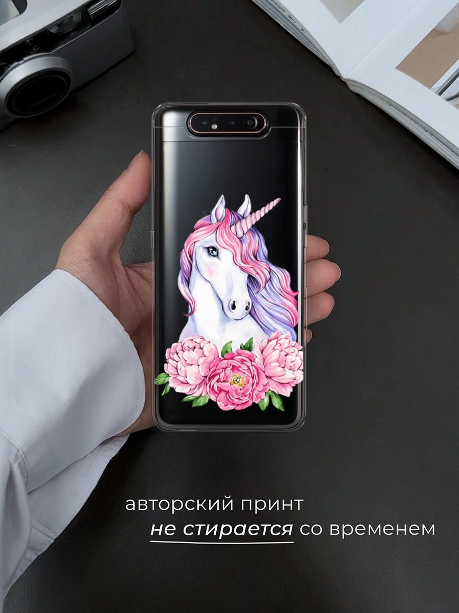 Чехол на Samsung Galaxy A80 / Самсунг Гэлакси A80 с принтом "Единорог с пионами", прозрачный — фото 1