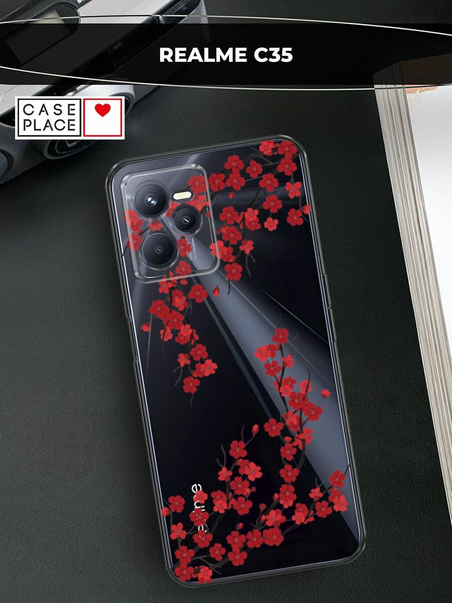 Чехол на Realme C35 / Реалми C35 с принтом "Красная сакура", прозрачный