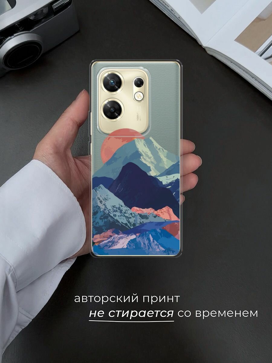 Чехол на Infinix Zero 30 4G / Инфиникс Зеро 30 4G с принтом "Закат в снежных горах", прозрачный — фото 1