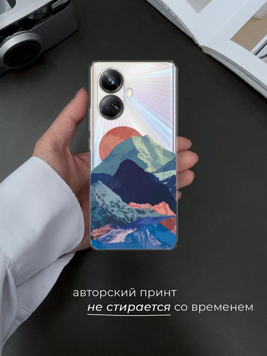 Чехол на Realme 10 Pro+ / Реалми 10 Про+ с принтом "Закат в снежных горах", прозрачный — фото 1