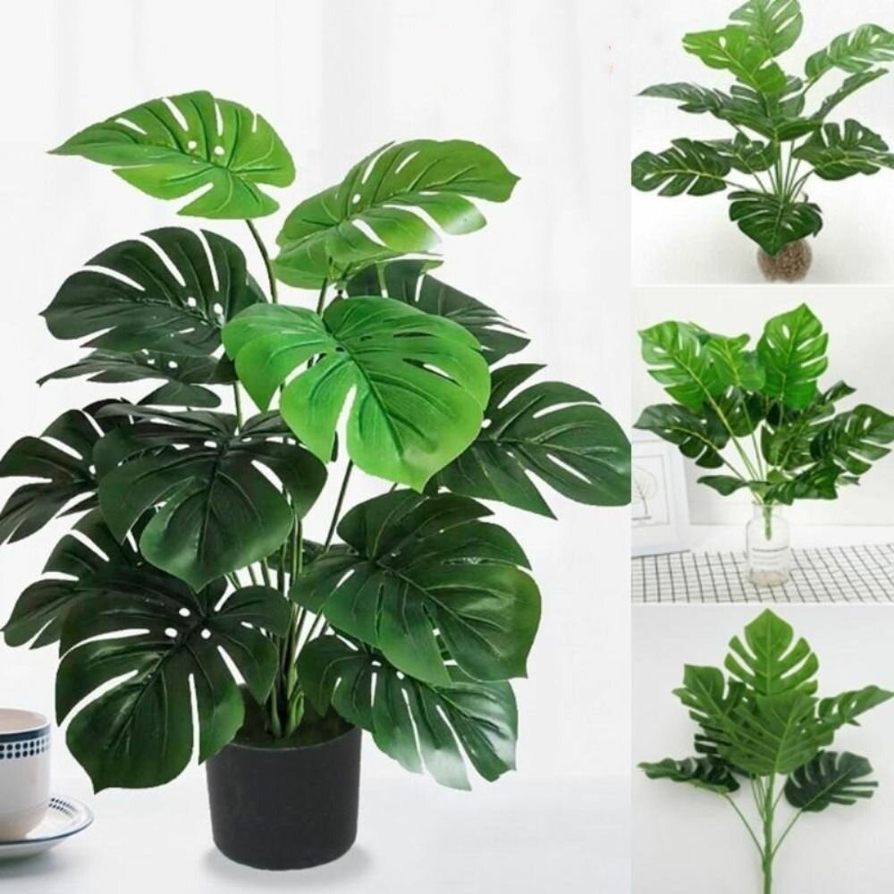 Искусственное растение монстера 32 см для декора дома и офиса, реалистичные зеленые листья, стильное украшение интерьера без ухода